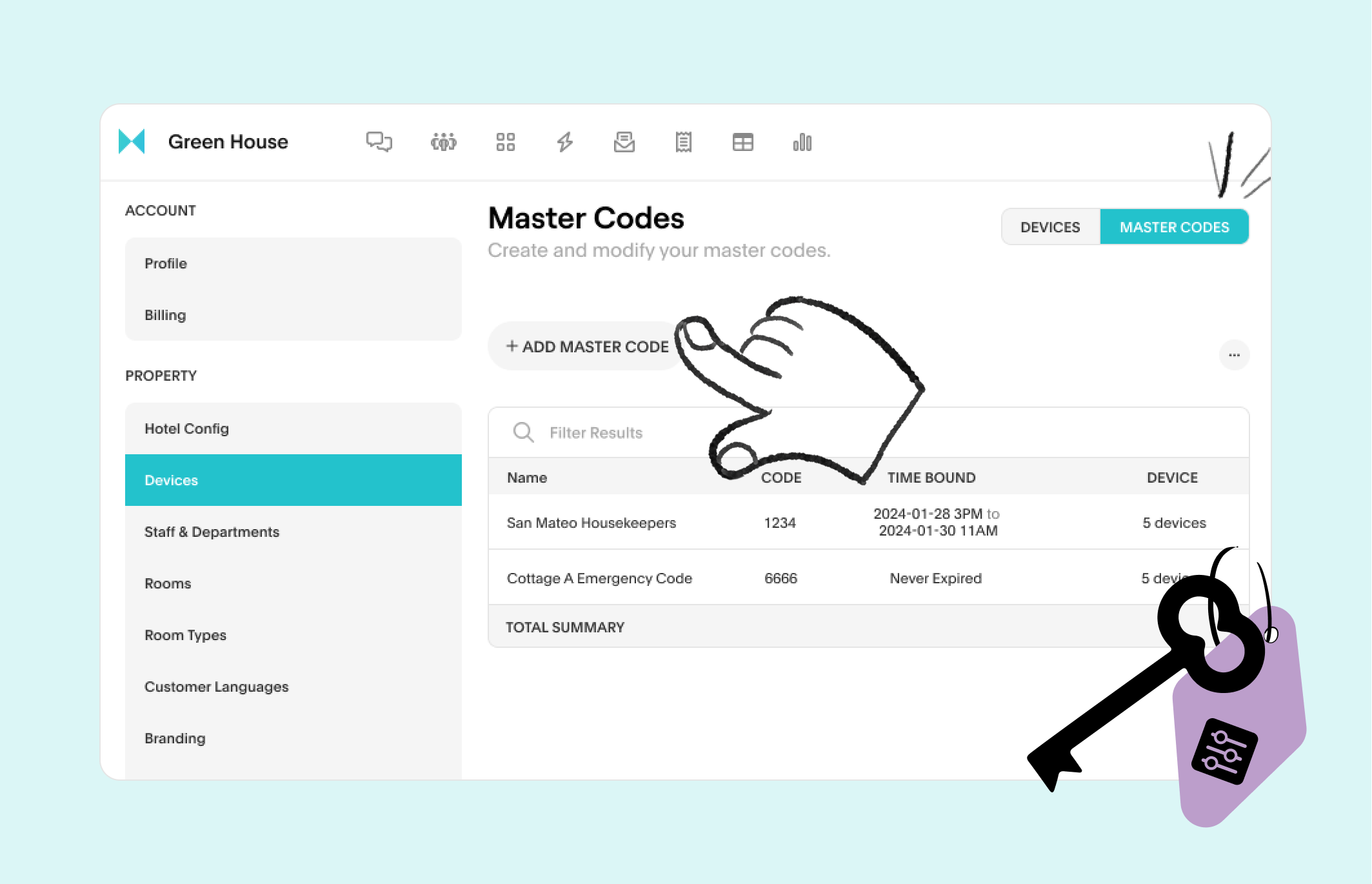 Reduce room entry delays with master codes. | Akia